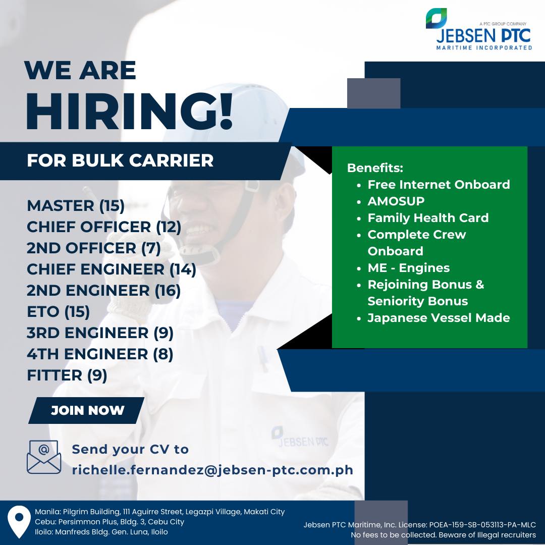 JEBSEN PTC IS RECRUITING FOR FULL CREW ON BULK CARRIER & CONTAINER | WORLDWIDE - SEAMAN APPLYAN