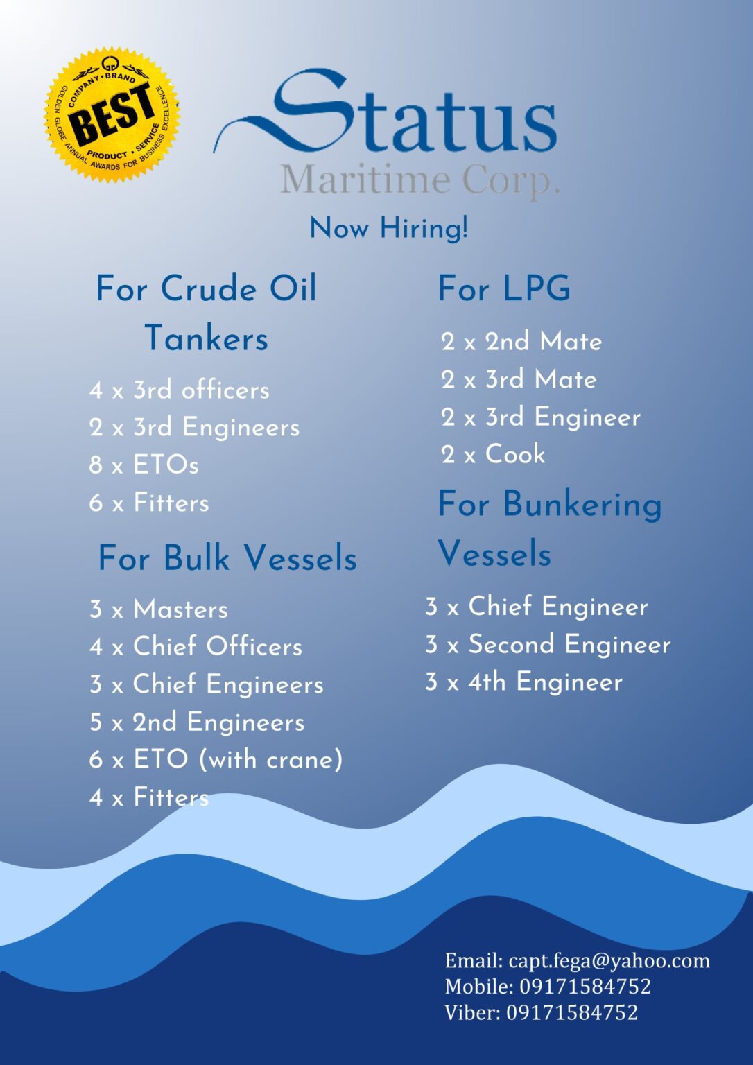 Status Maritime Corp CAREERS | All Ranks : Crude Oil Tanker, LPG, Bulk ...